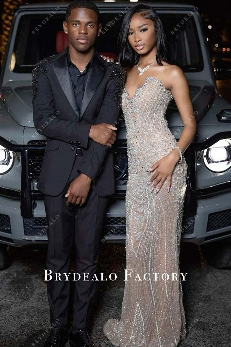 Sparkly Rhinestones Sequined Strapless V-Neck Prom Dress