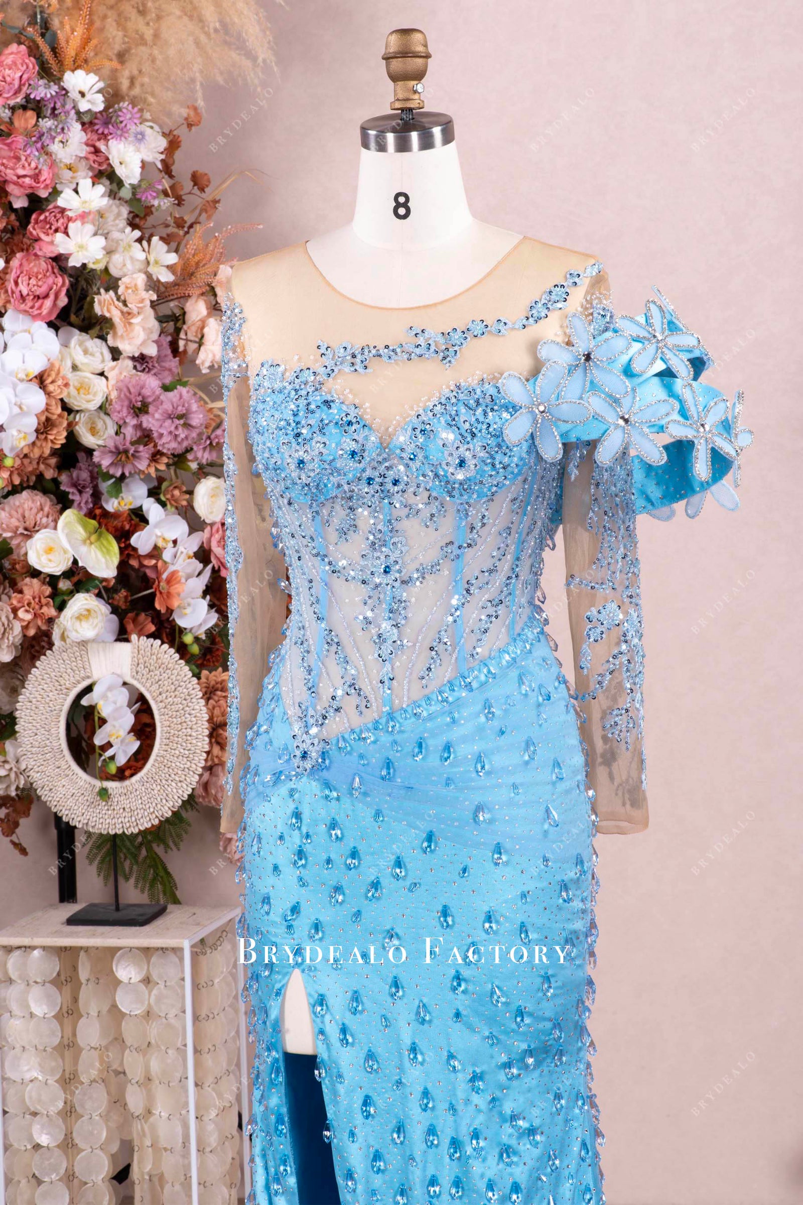 Sleeved Shoulder Large Flowers Tear-Drop Rhinestones Pageant Prom Dres