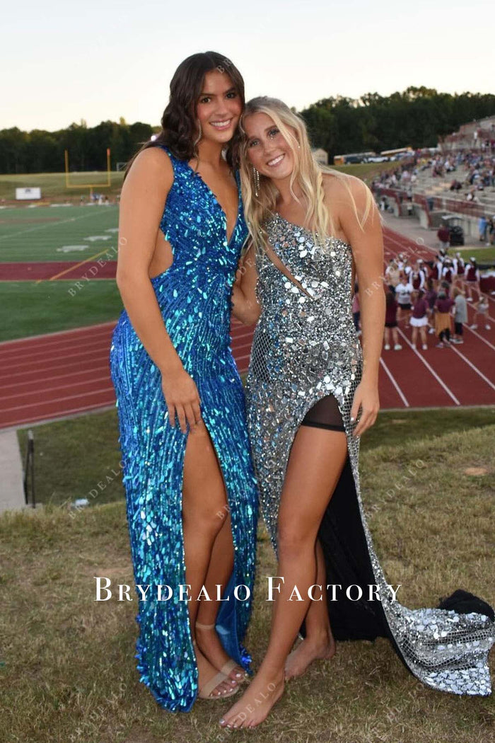 Ocean Blue Sequined Plunging Neck Homecoming Prom Dress