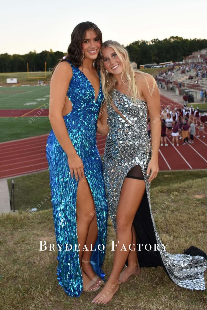 Ocean Blue Sequined Plunging Neck Homecoming Prom Dress
