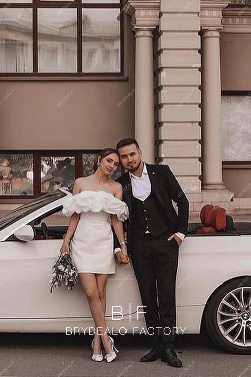 Ivory Cute Off Shoulder Short Bodycon Taffeta Casual Bridal Dress 1005