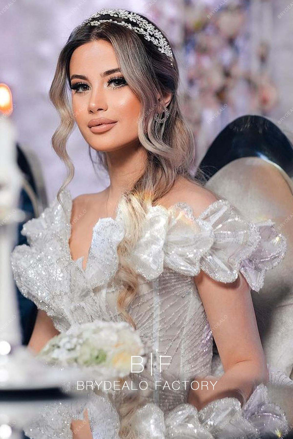 Designer Flowery Off Shoulder Glitter Baroque Ball Gown Wedding Dress