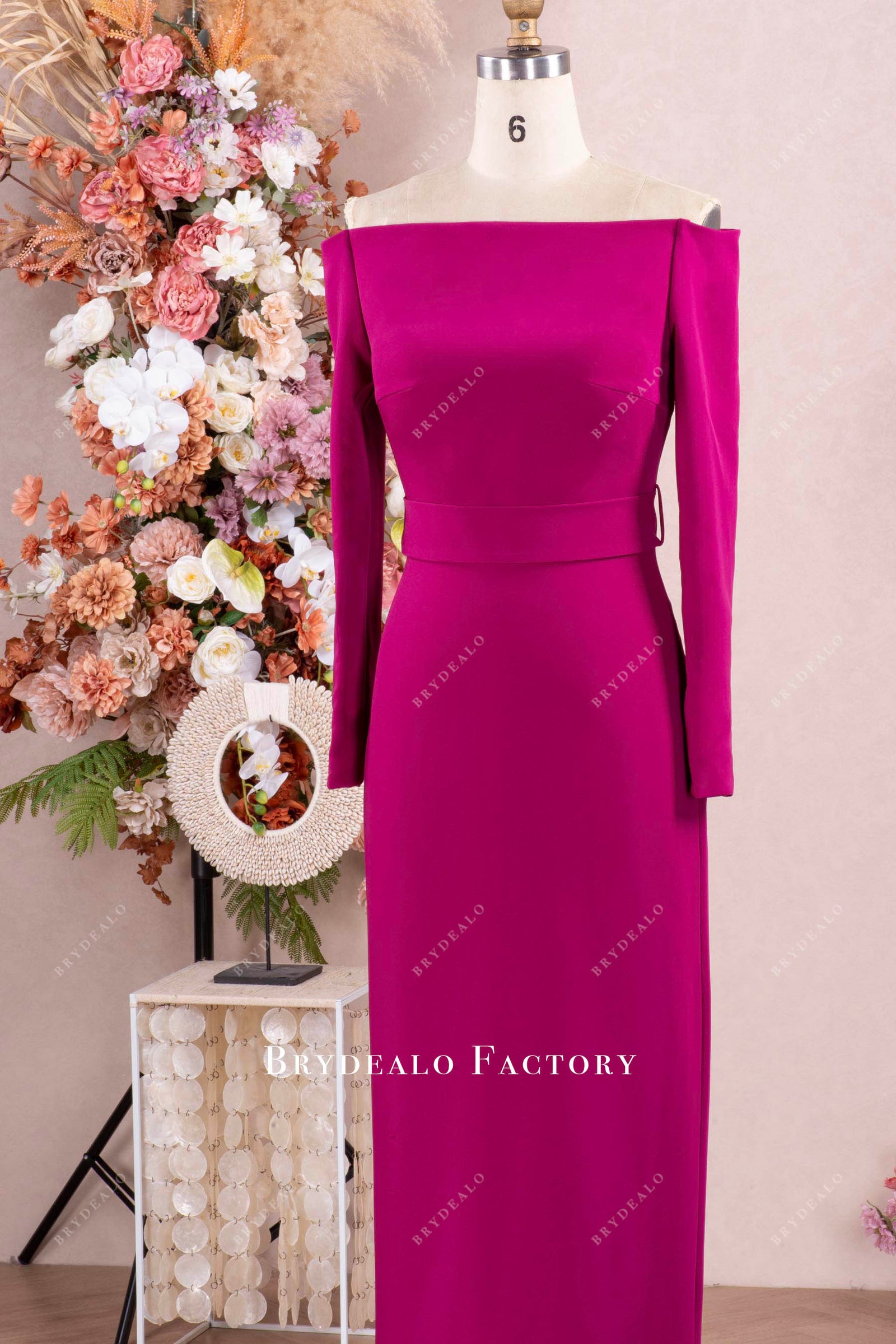 Orchid Off Shoulder Straight Across Neck Crepe Bridesmaid Prom Dress