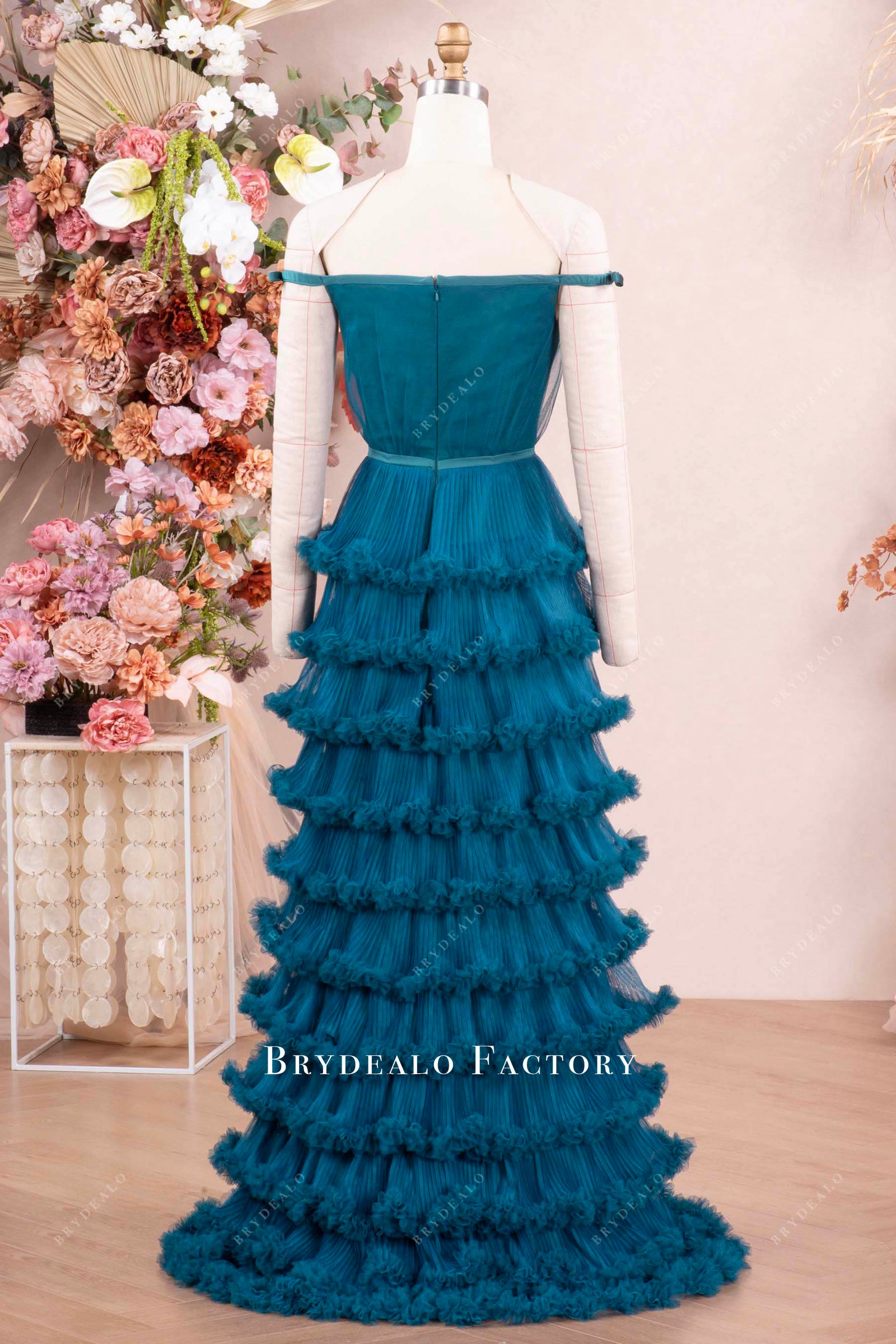 Peacock Off Shoulder Tiered Ruffle Evening Formal Dress
