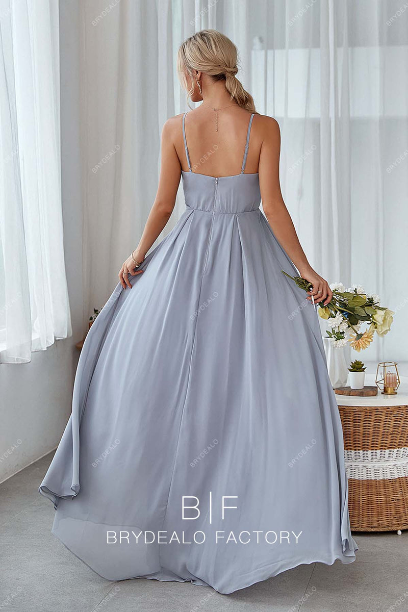 Dusty Blue Chiffon Thin Strap Elegant Long Open Back Bridesmaid Dress