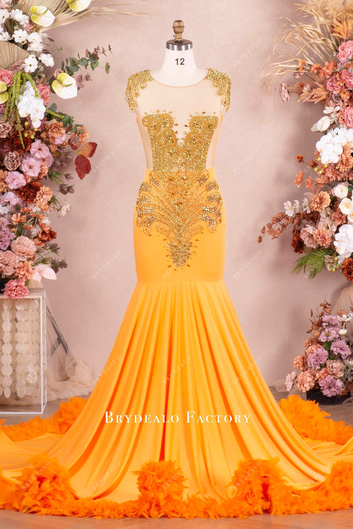 Gold Rhinestone Orange Jersey Feather Long Train Prom Dress