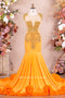 Gold Rhinestone Orange Jersey Feather Long Train Prom Dress
