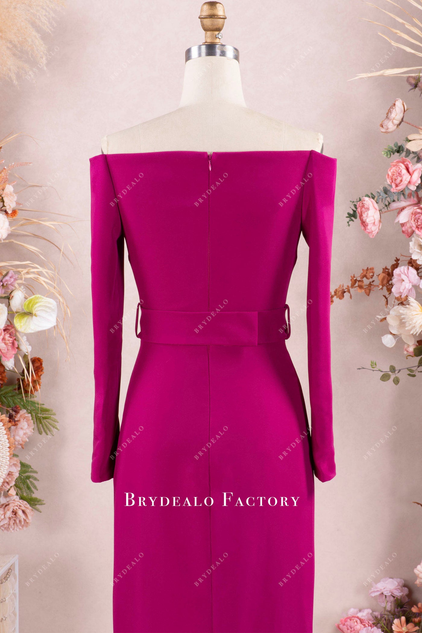 Orchid Off Shoulder Straight Across Neck Crepe Bridesmaid Prom Dress