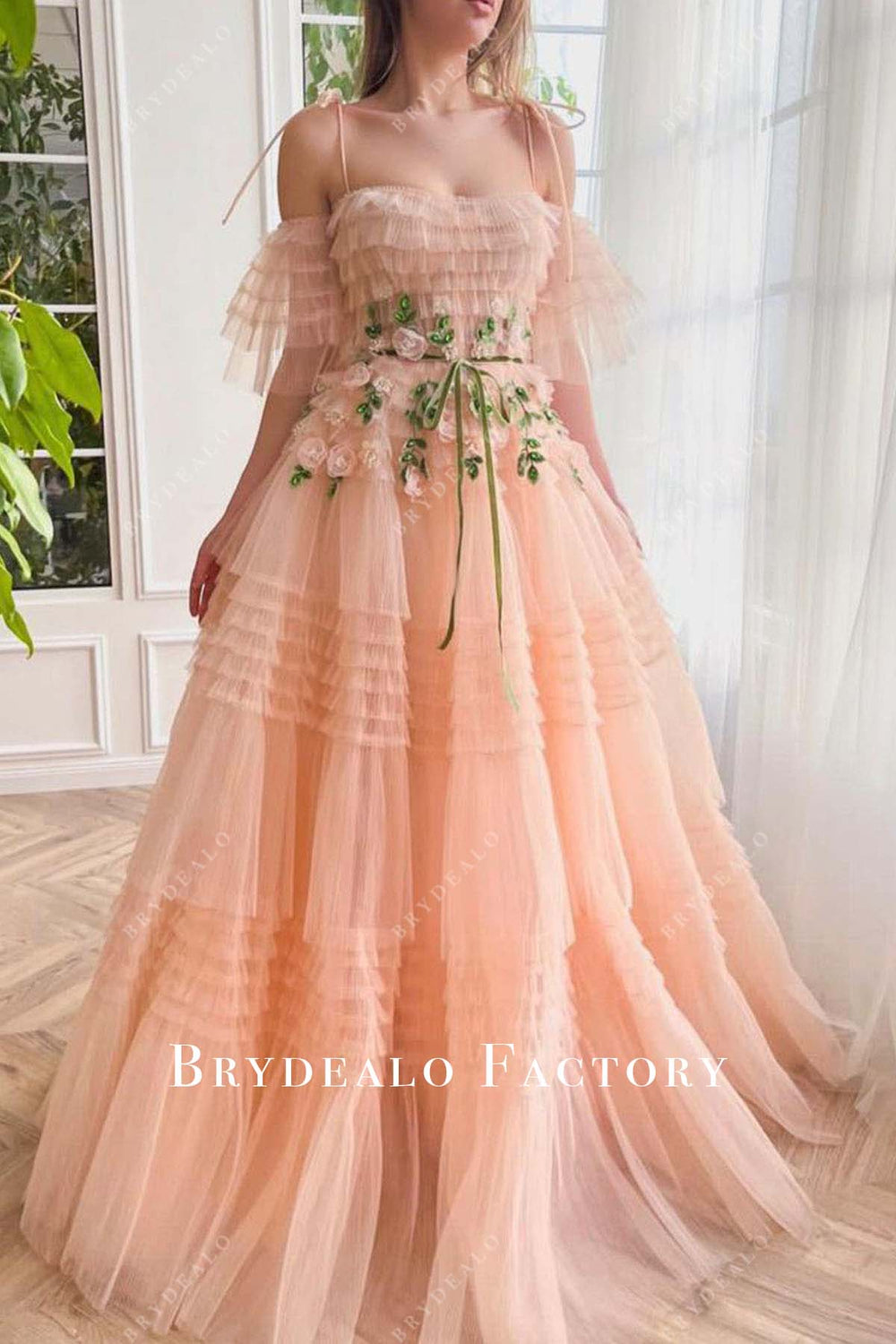 Peach Layered Tulle Thin Straps A-Line Formal Dress