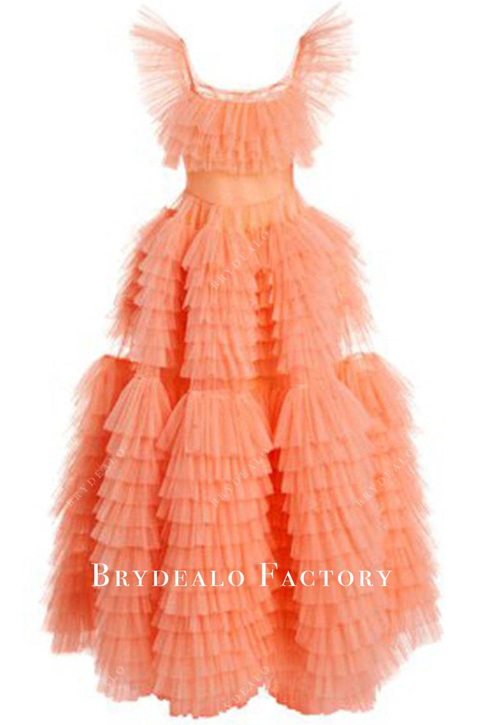 Peach Layered Tulle Sleeveless Ankle Length Prom Wedding Dress