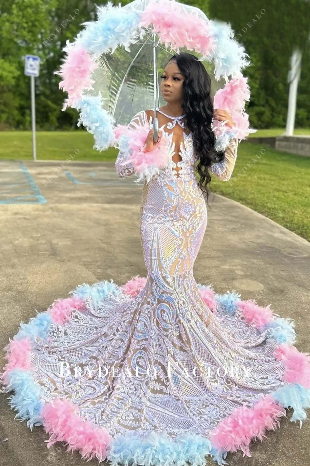 Iridescent Sequin Blue Pink Feather Long Train Prom Dress