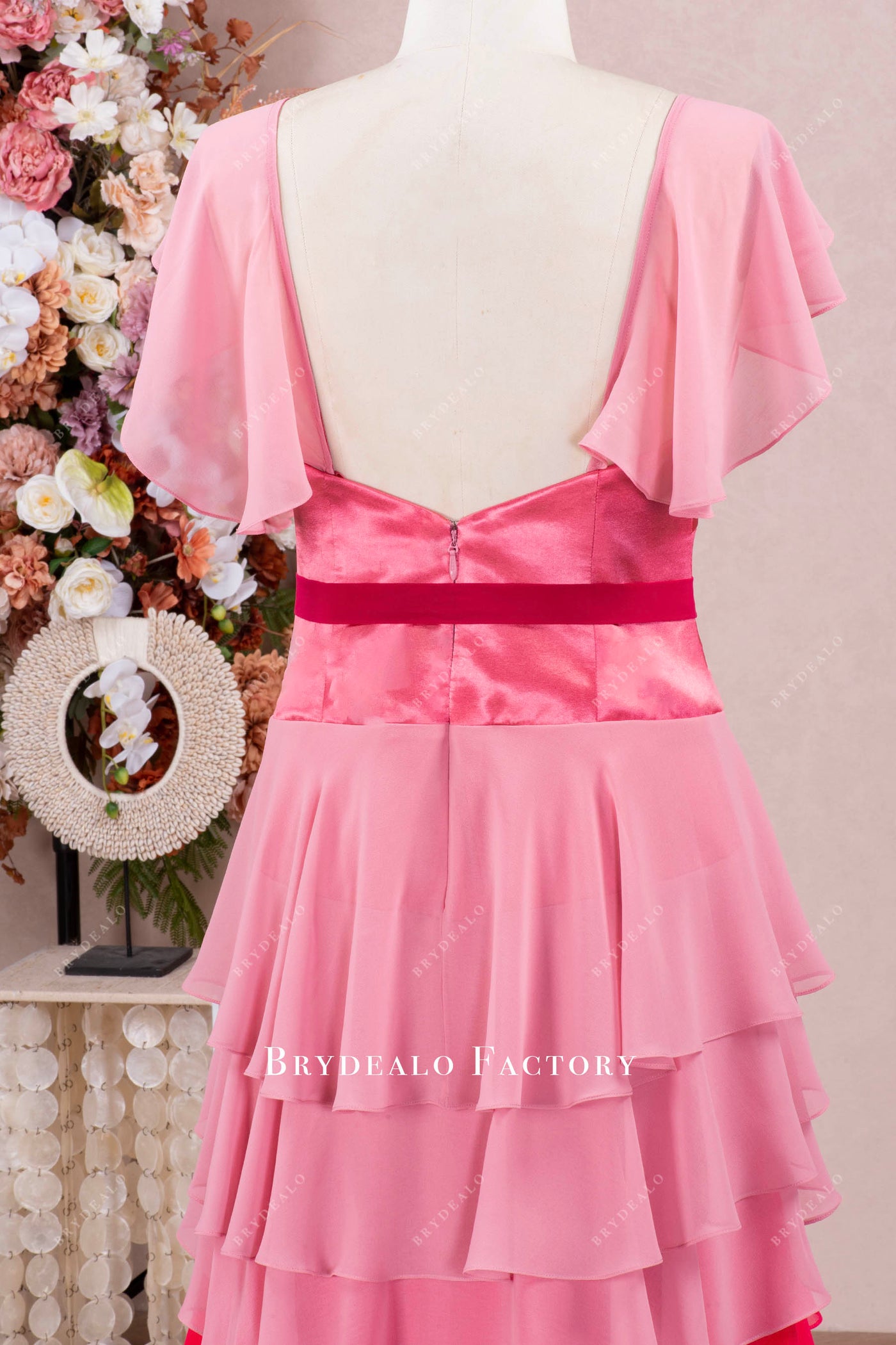 Fairy Ombre Pink Flutter Sleeve Tiered Hermione Granger Formal Dress