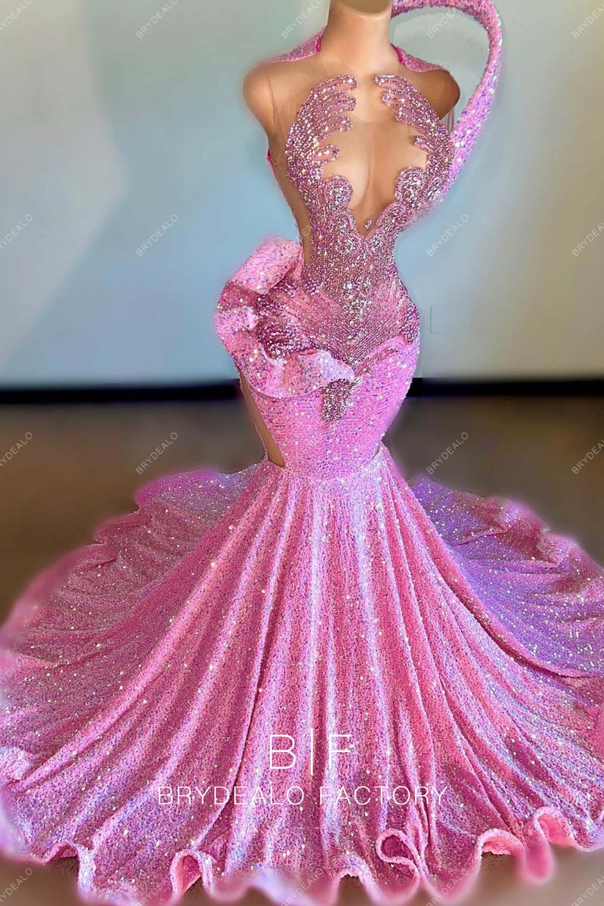 Pink Sequins Rhinestones Asymmetrical Mermaid Horsehair Prom Gown