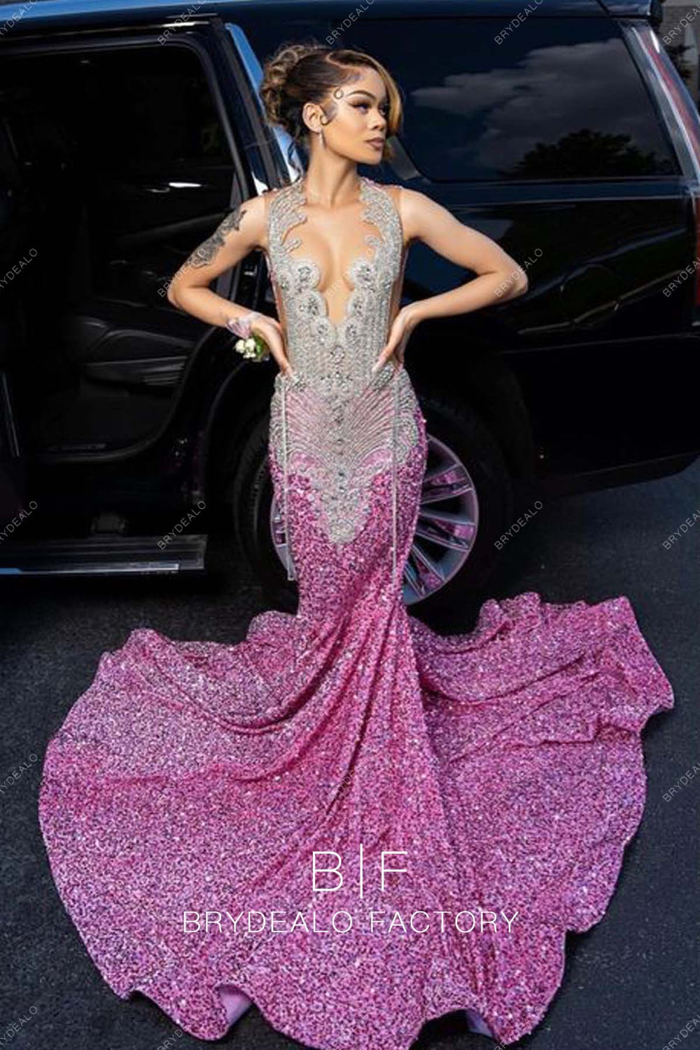 Pink Sequins Rhinestones Sleeveless Long Train Mermaid Prom Dress