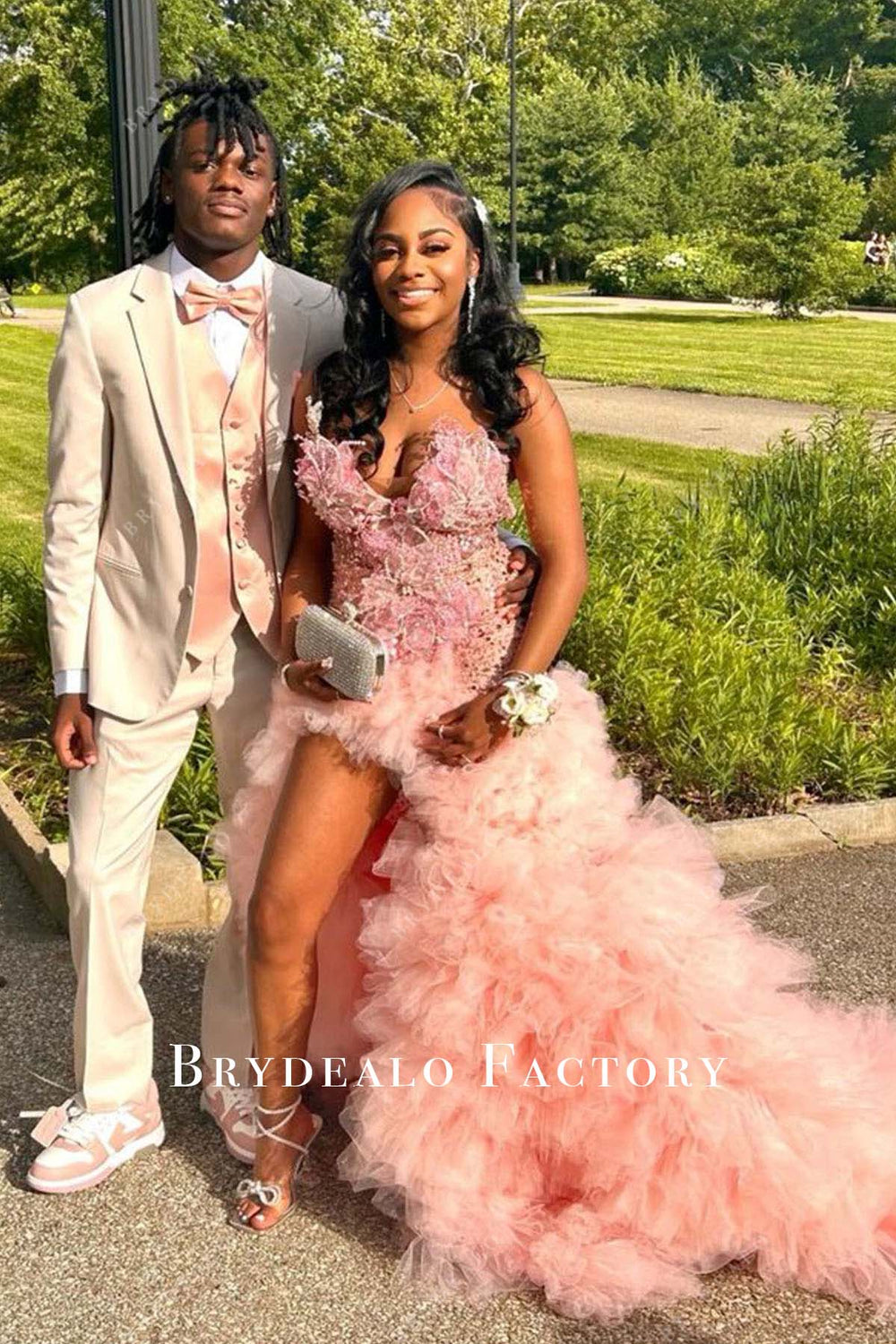 Pink Strapless Ruffled Tulle Slit Long Train Prom Dress