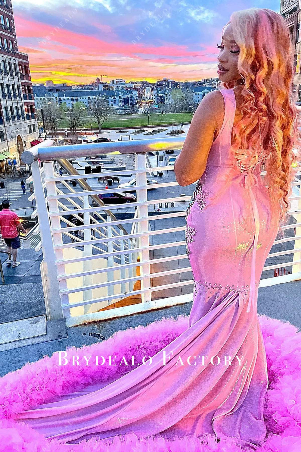 Rhinestones Plunging Neck Pink Long Train Trumpet Prom Dress