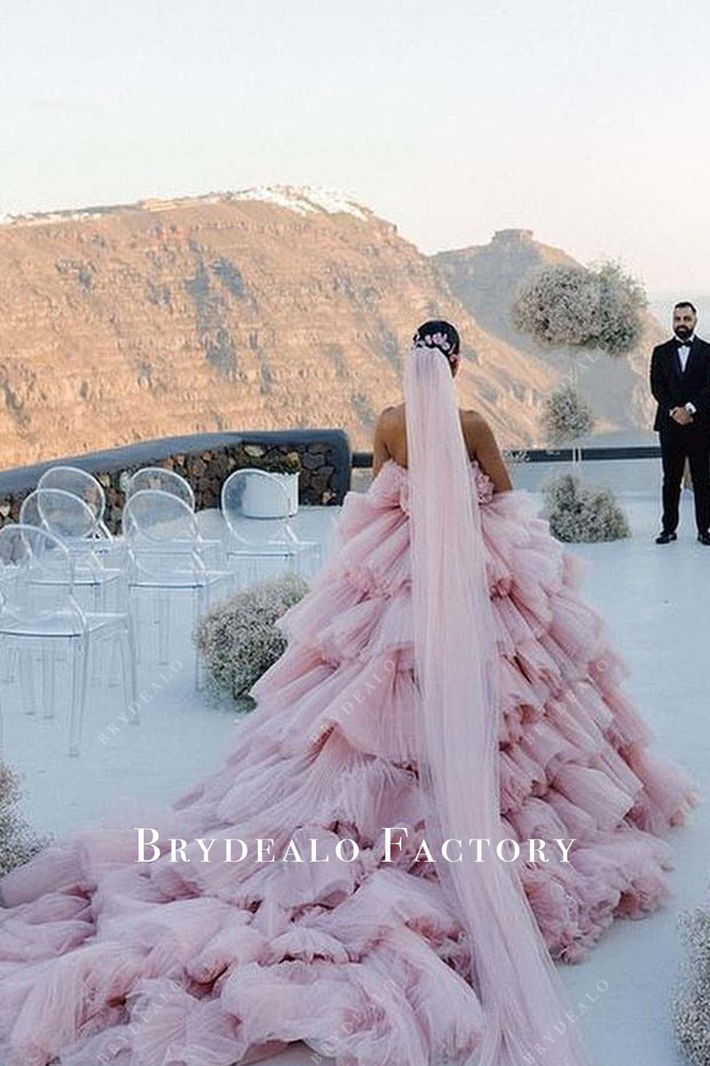 Pink Tulle Strapless Tiered Long Train Wedding Dress