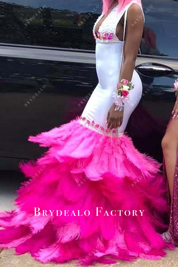 Two-Tone Plunging Neck Empire Hot Pink Feather Trumpet Prom Dress