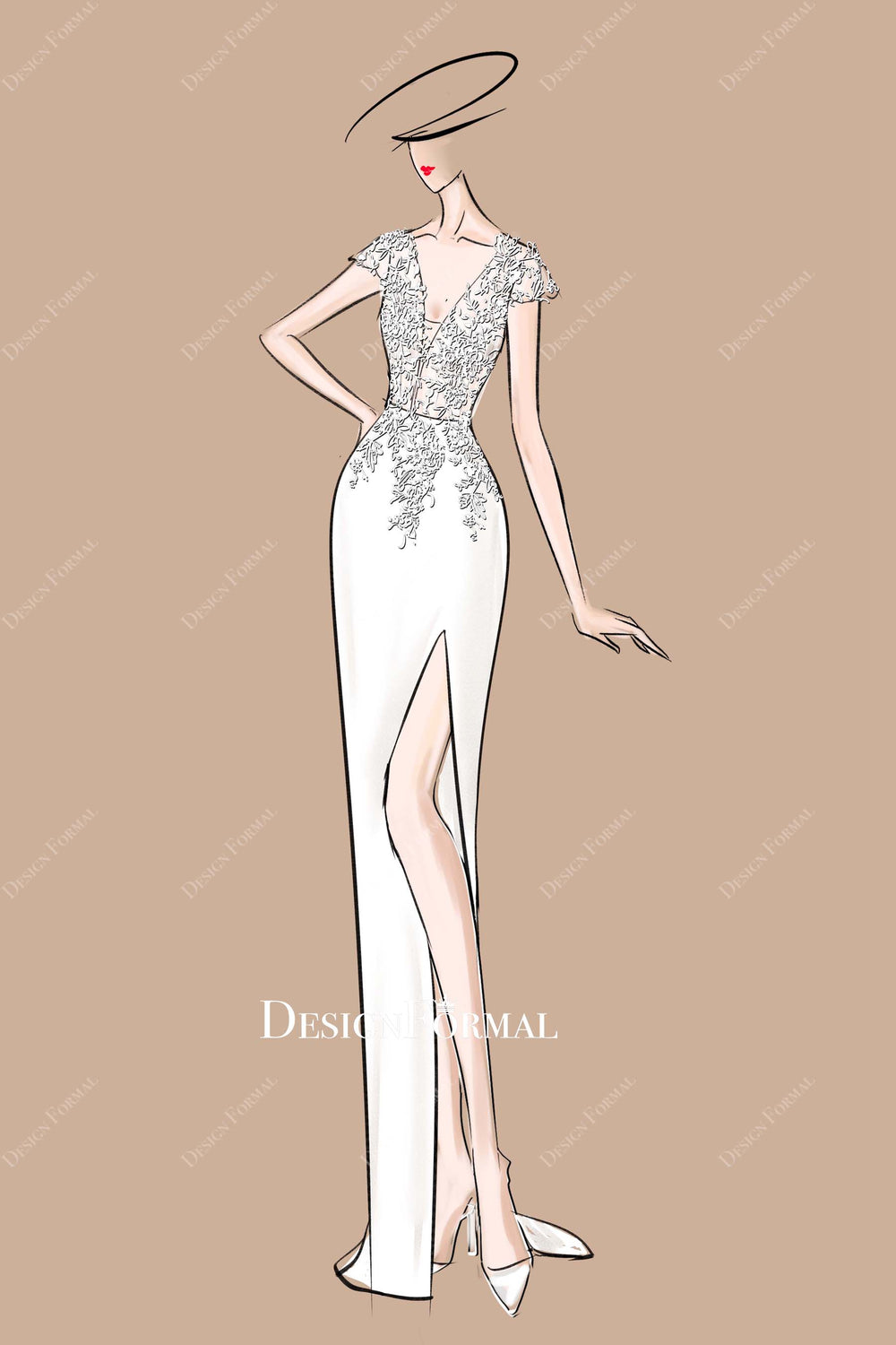 Plunging Lace Floor Length Slit Crepe Wedding Dress Sketch
