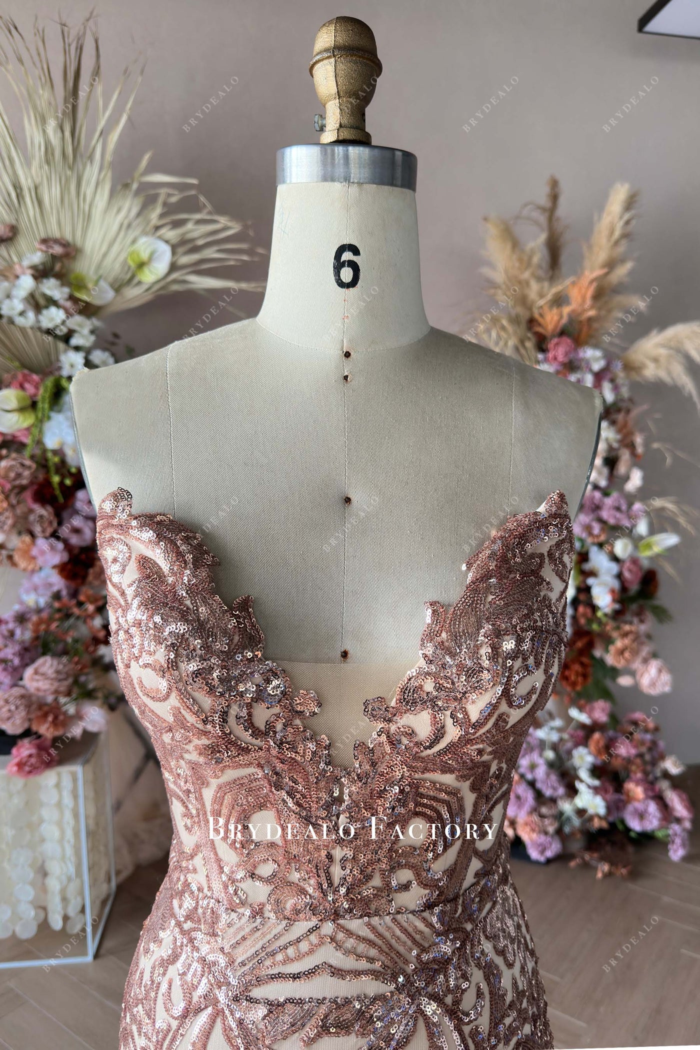 Rose Gold Embroidery Sequin Big Feather Mermaid Prom Dress