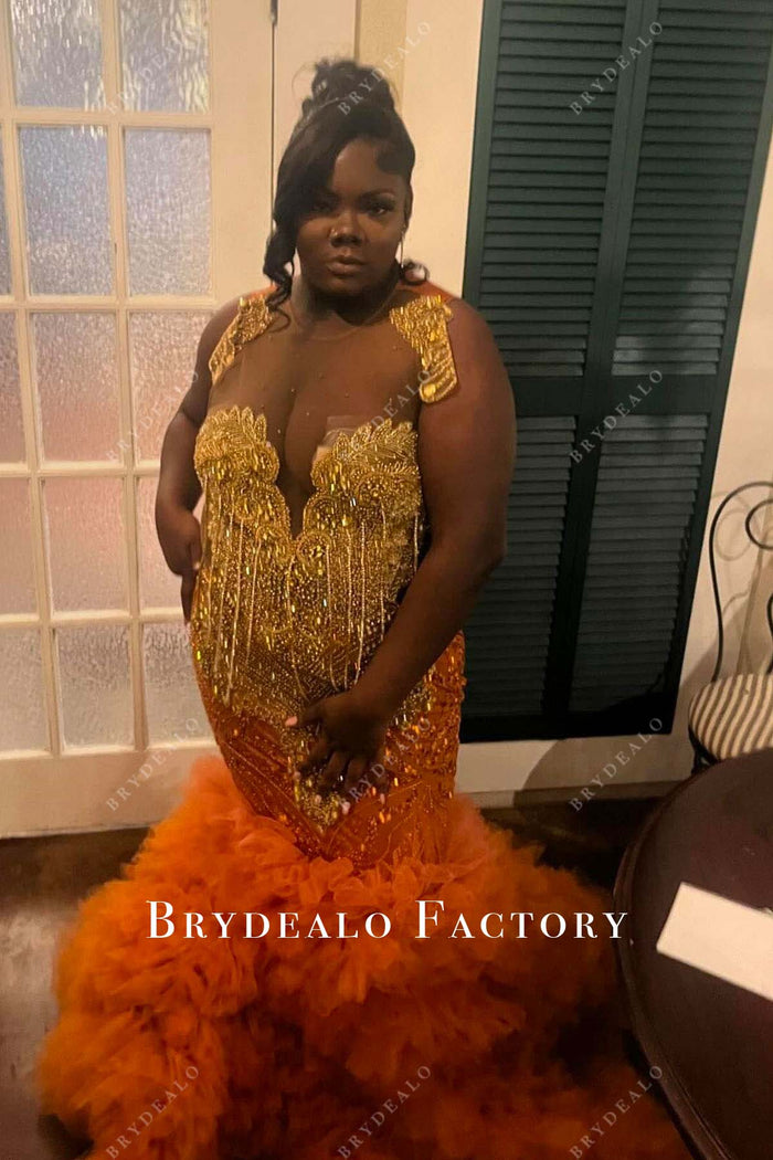 Gold Rhinestones Plus Size Tangerine Ruffled Tulle Prom Dress
