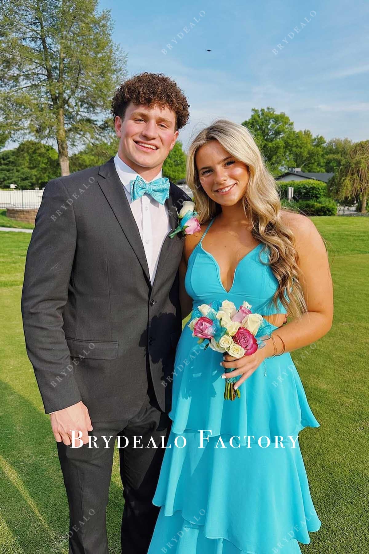 Pool Spaghetti Straps V-Neck Layered A-Line Prom Dress