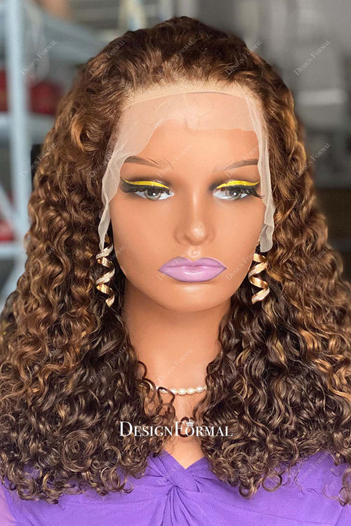 Shoulder Blade Length Kinky Curly Brown Human Hair Wig