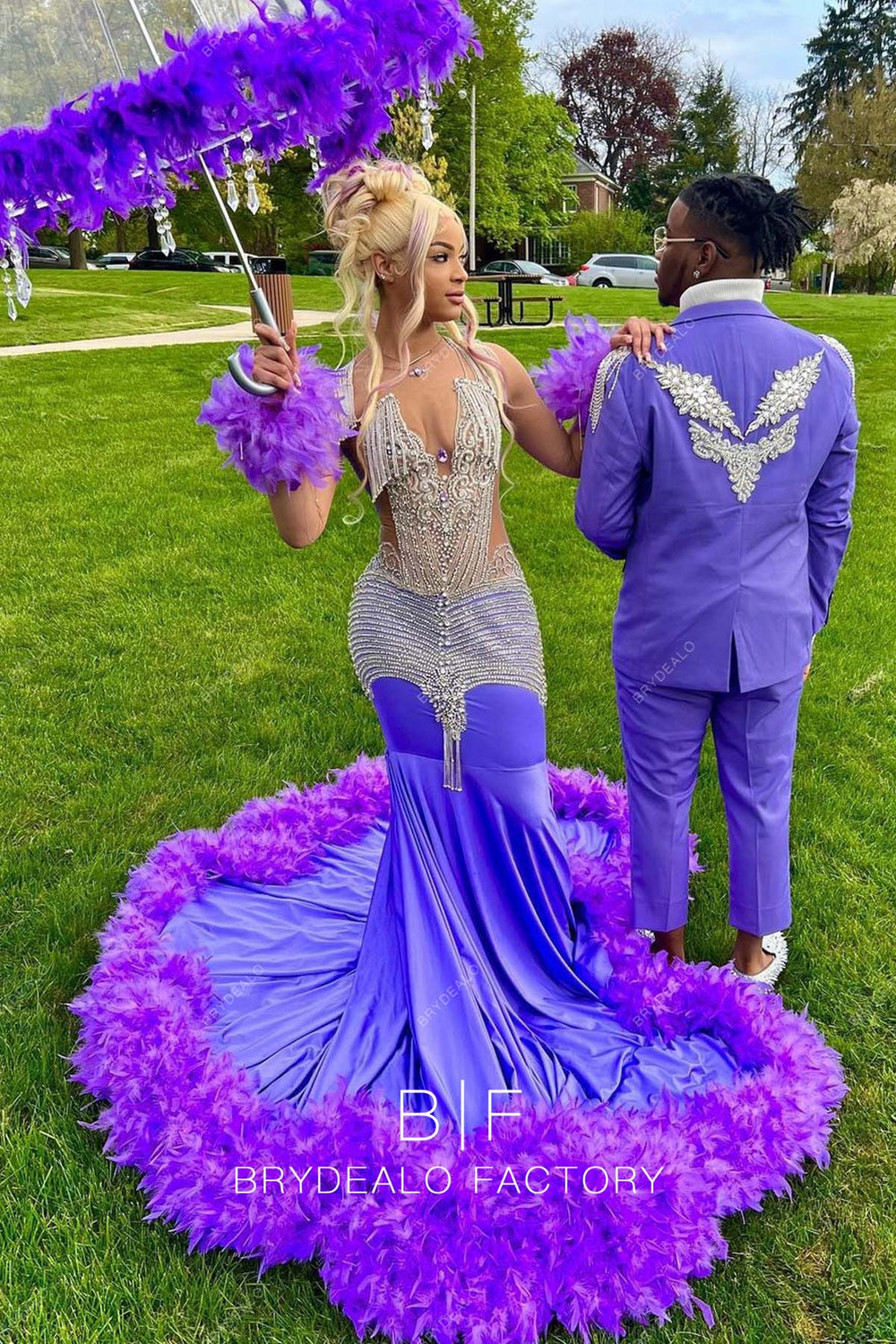 Rhinestones Purple Spandex Knit Feathers Long Train Mermaid Prom Dress