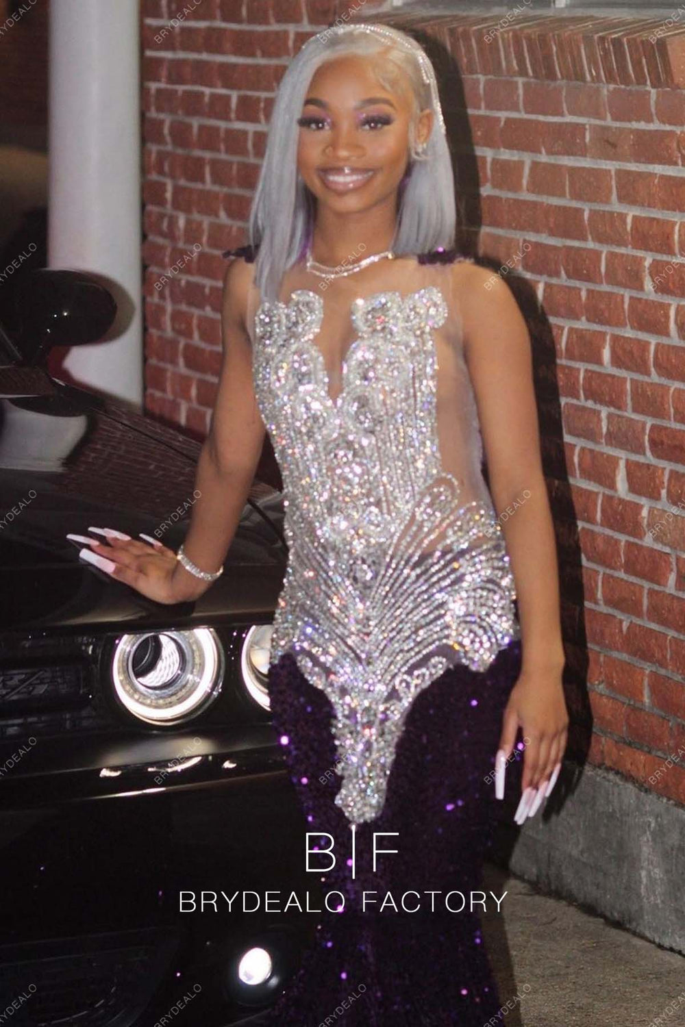 Purple Sequins Feathered Mermaid Long Train Rhinestones Prom Dress