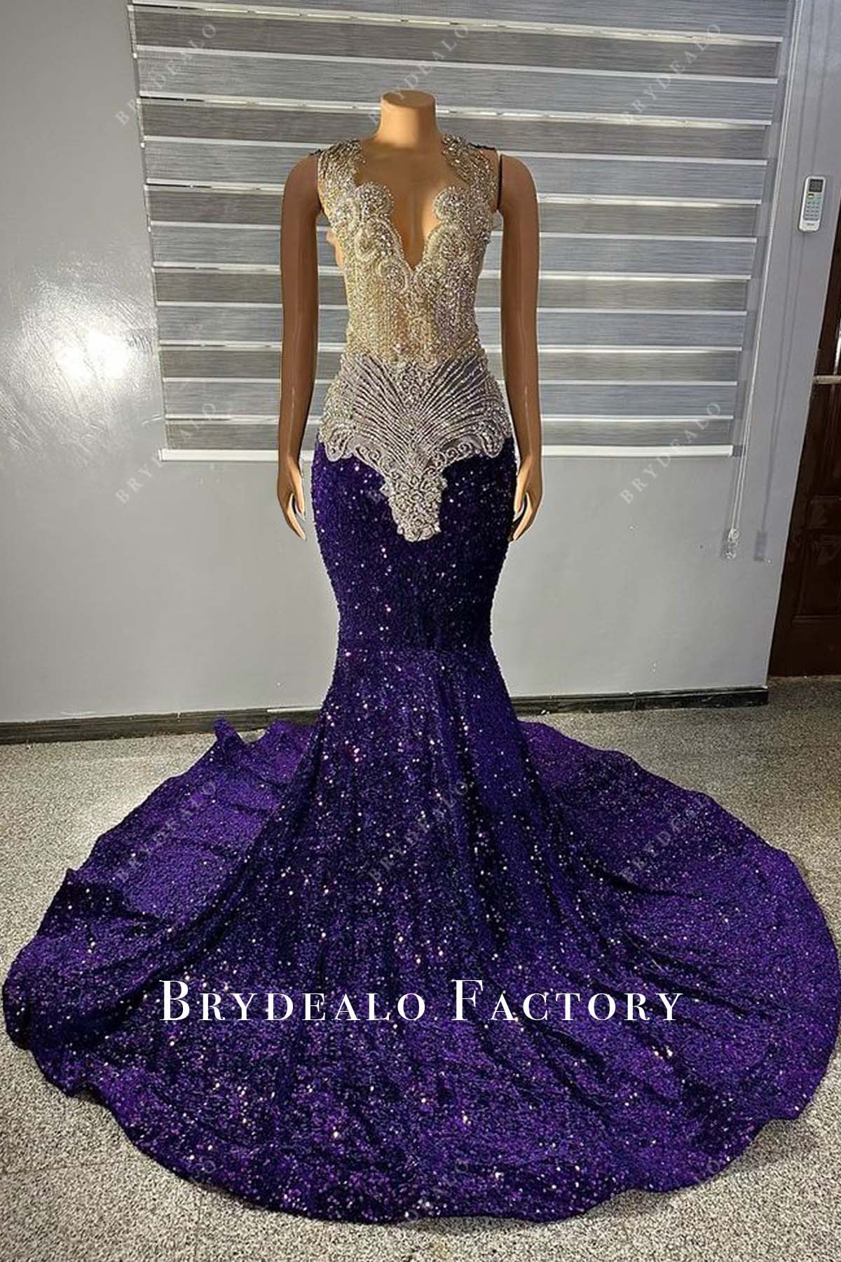 Rhinestones Dark Purple Sequin Mermaid Long Train Prom Dress