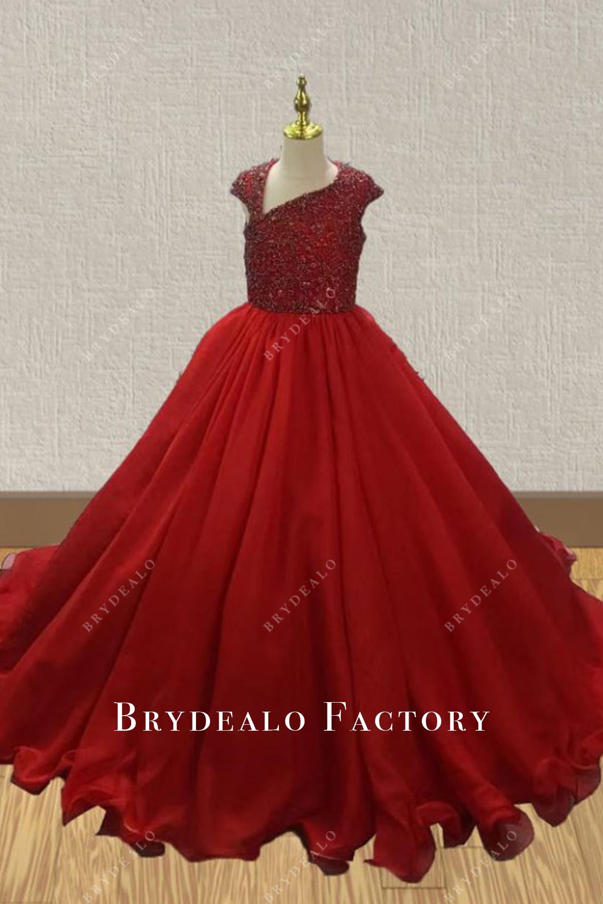 Red Beaded Cap Sleeves A-Line Miss Teen Pageant Dress