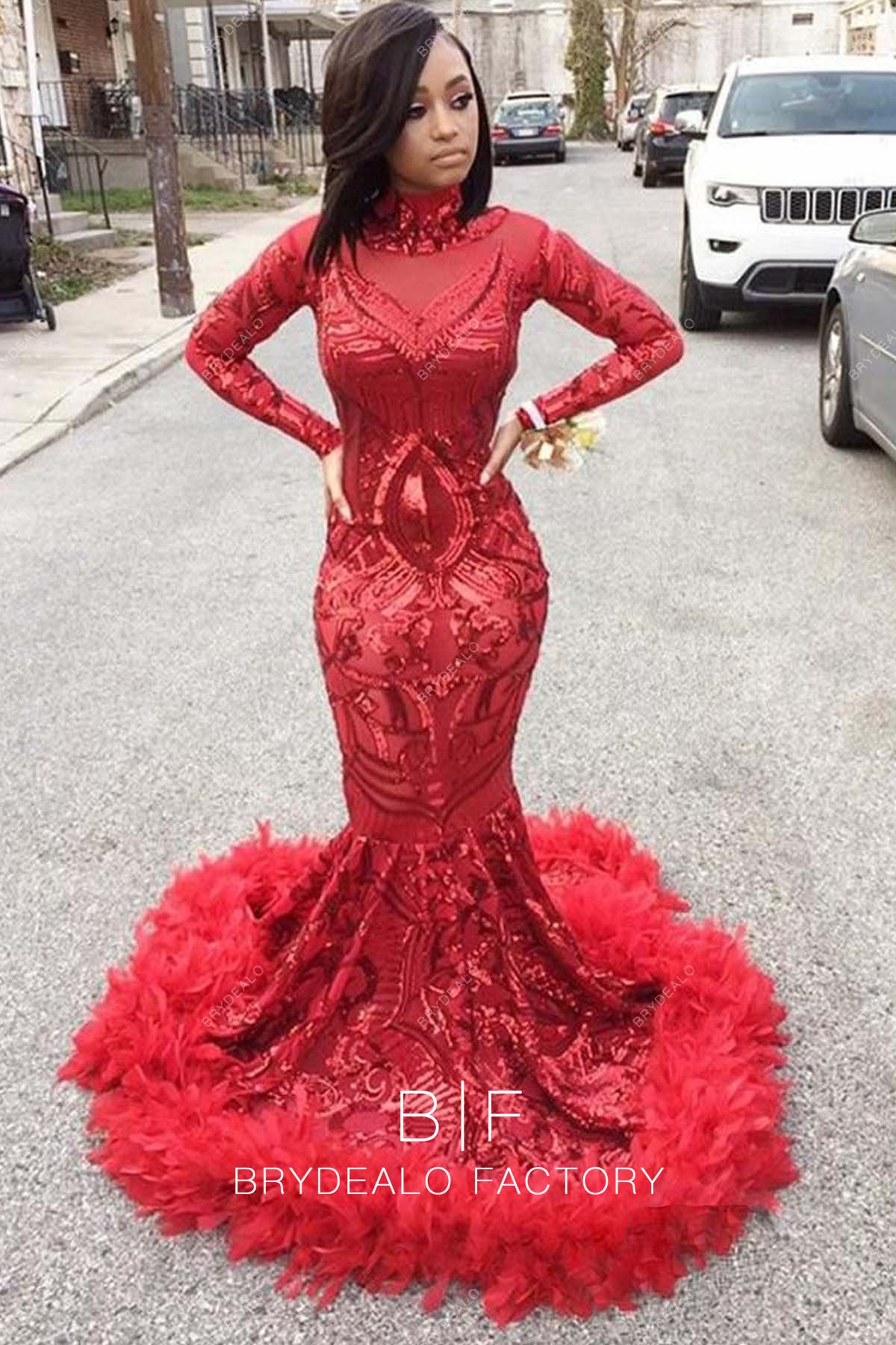 Red Unique Sequin Mermaid Turkey Feathers Chapel Train Prom Dress