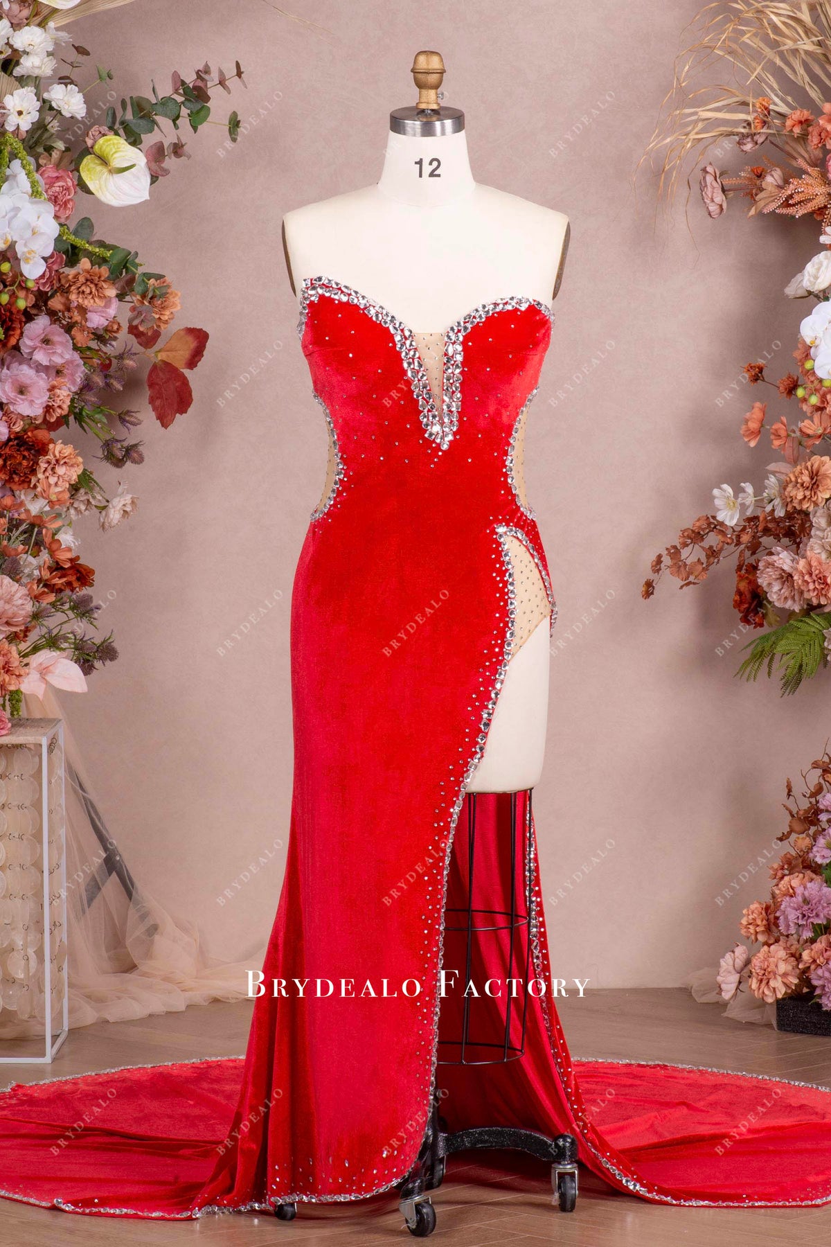 Red Rhinestone Velvet High Slit Fit & Flare Prom Dress