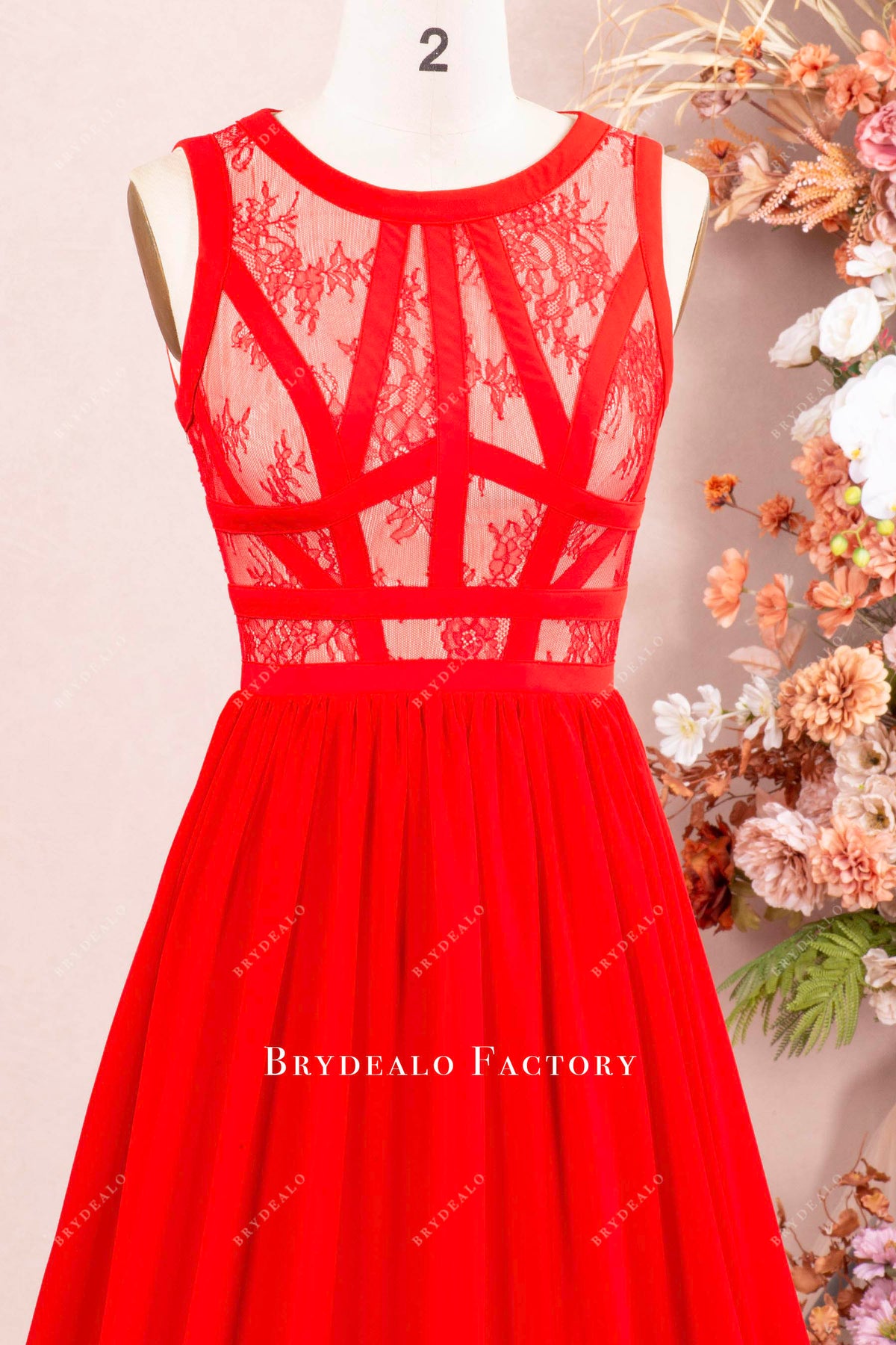 Designer Red Sleeveless Lace Chiffon Formal Evening Prom Dress