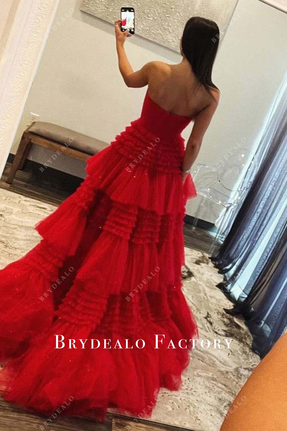 Red Tulle Strapless Tiered A-Line Slit Prom Dress