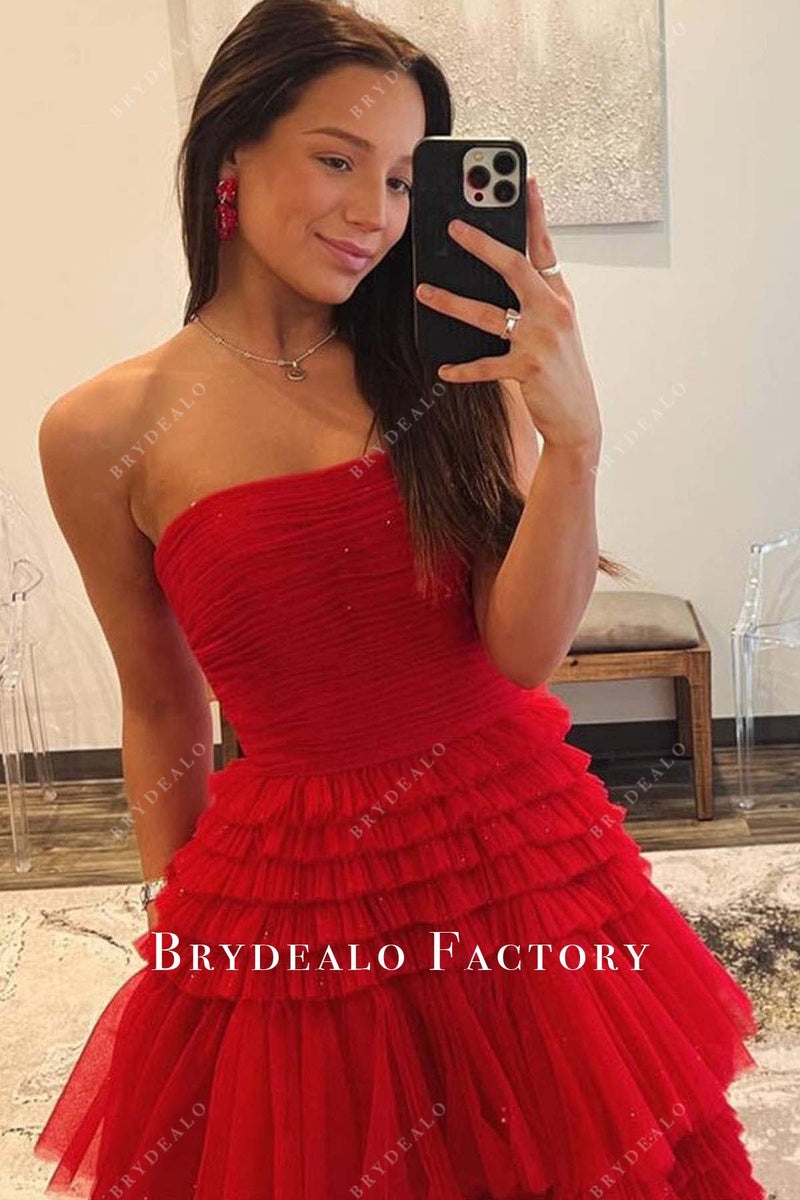 Red Tulle Strapless Tiered A-Line Slit Prom Dress