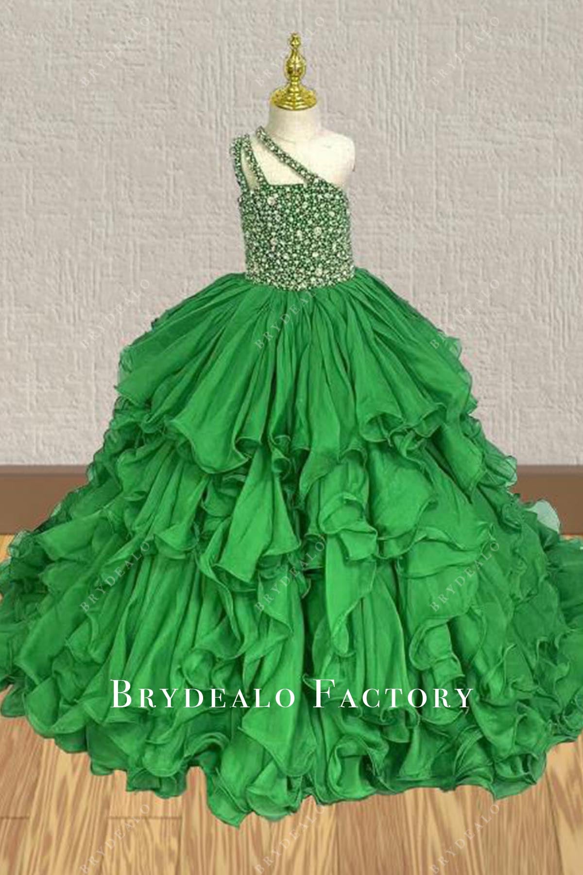 Rhinestones Emerald Ruffled A-Line Kids Pageant Dress
