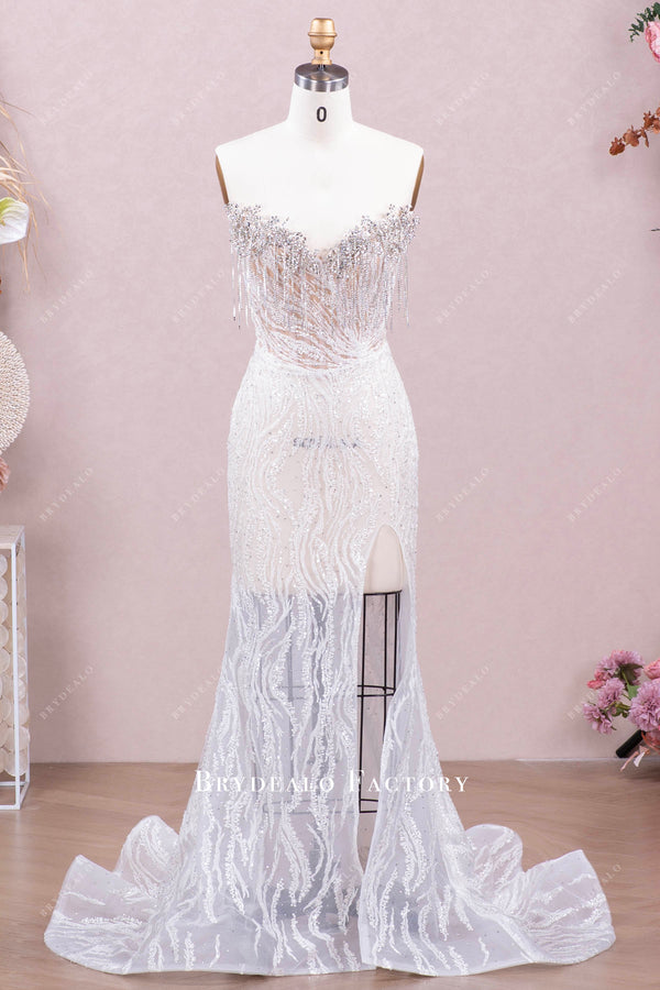 Rhinestone Tassel Neck Strapless Luxury High Slit Formal Prom Dress
