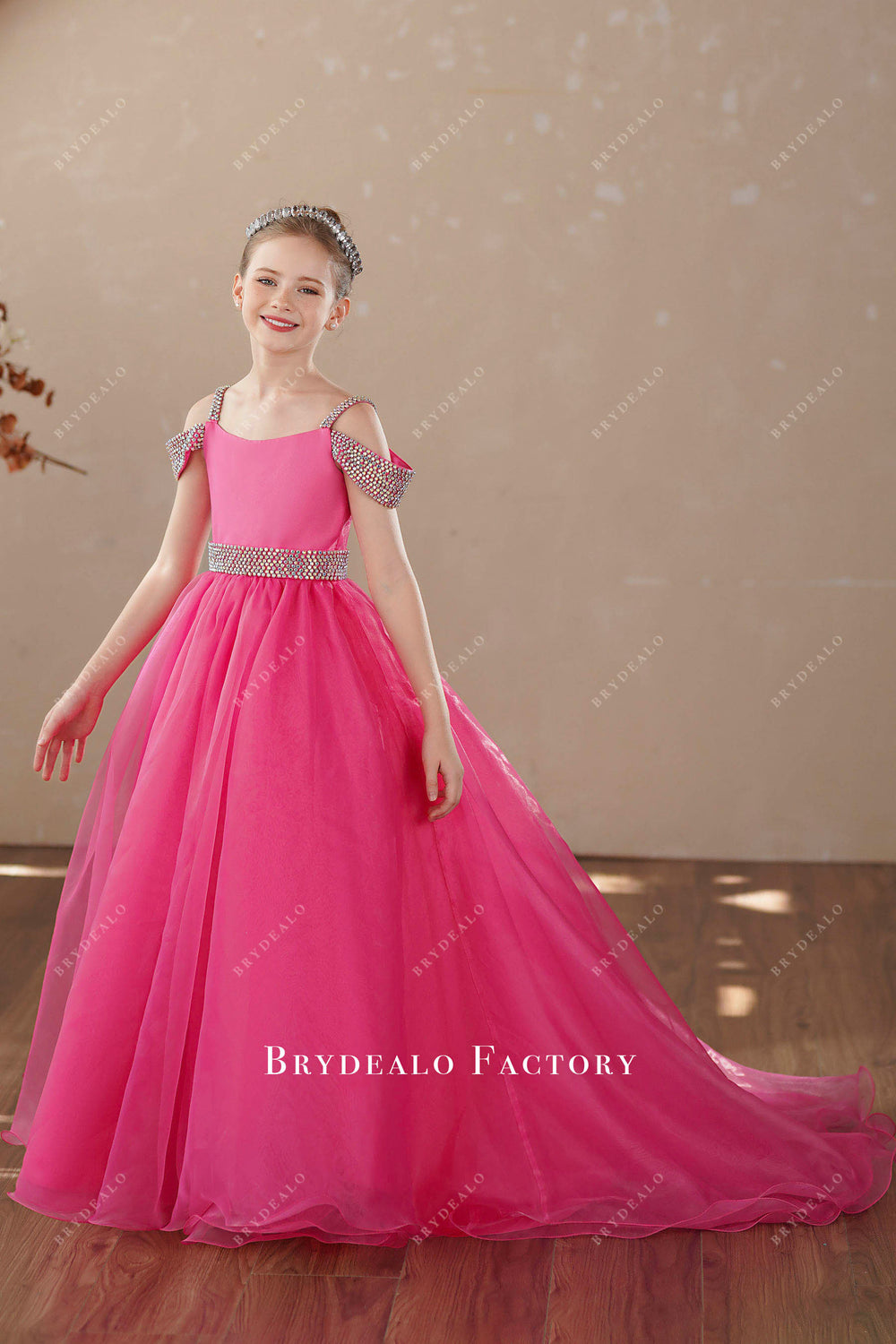 Hot Pink Shimmer Off Shoulder Puffy A-line Little Girl Pageant Dress