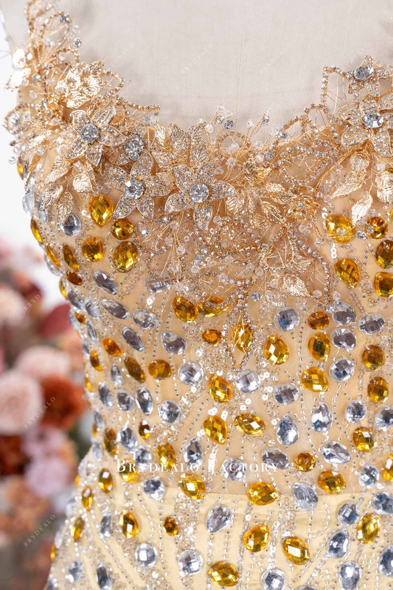 Gold Rhinestone Neck Detachable Ruffled Overskirt Prom Gown