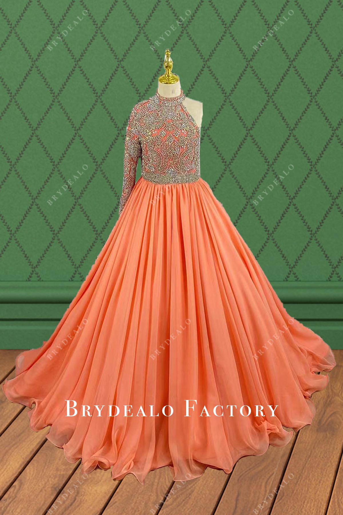 Rhinestones One Sleeve Papaya A-Line Court Train Pageant Dress