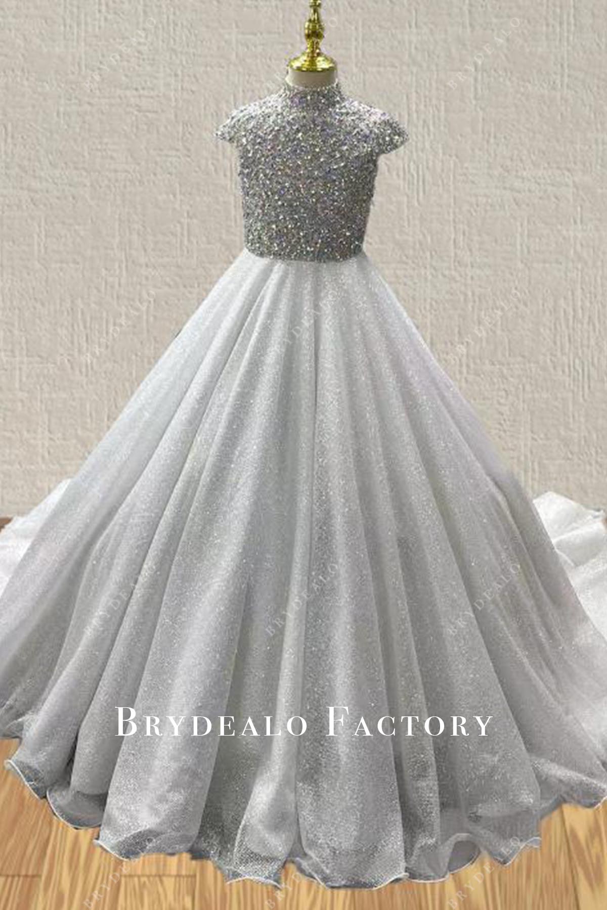 Crystal High Neck Cap Sleeves A-Line Pageant Dress