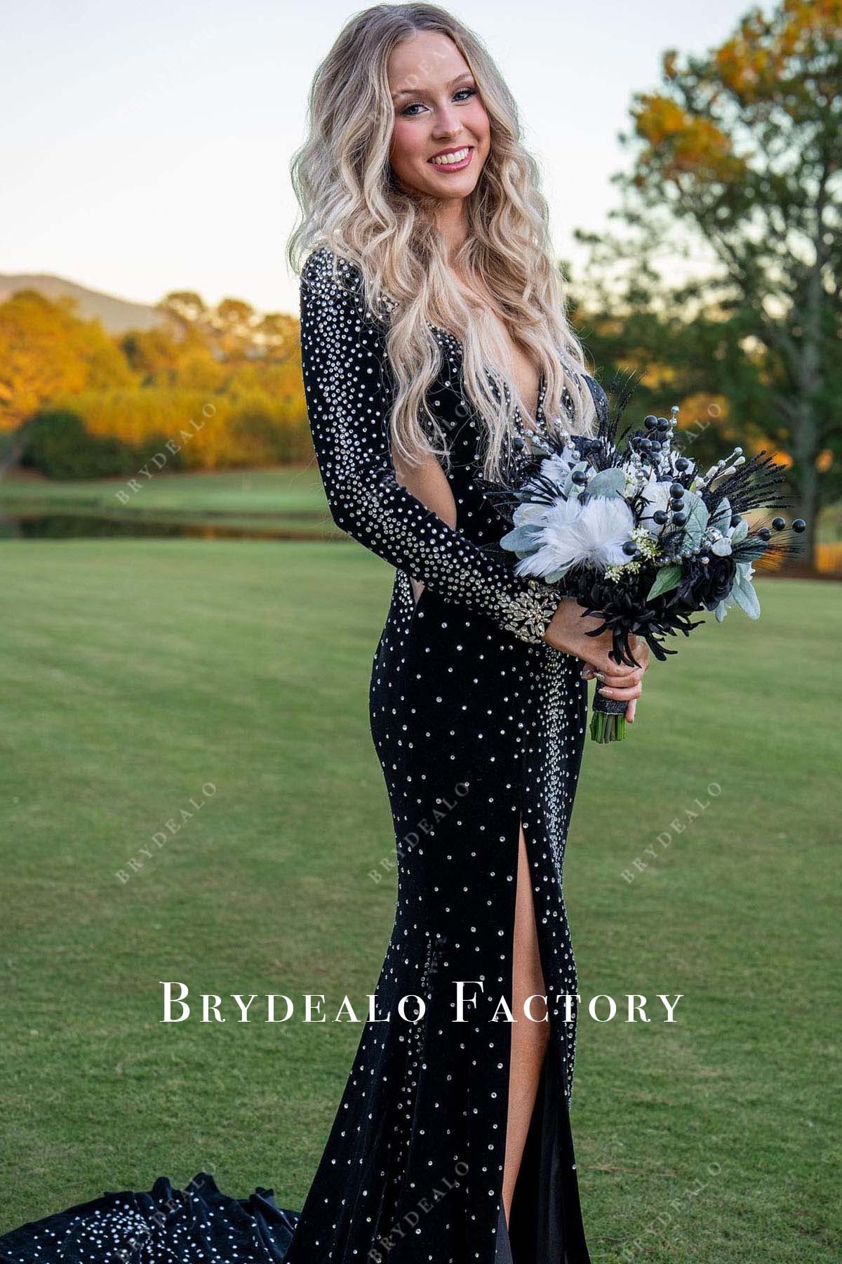 Rhinestones Black Long Sleeves Slit Homecoming Dress