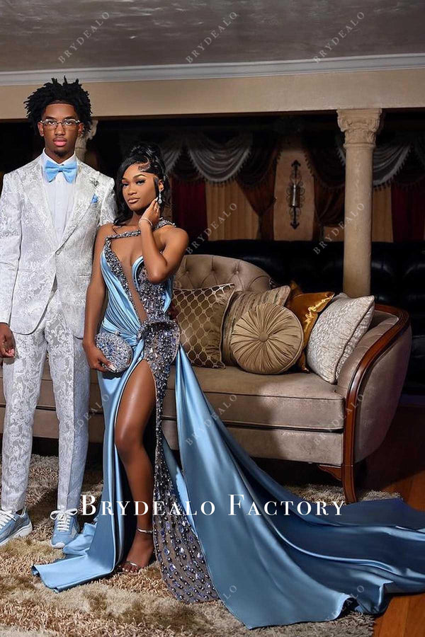 Beaded Blue Asymmetrical Neckline Panel Train Prom Dress