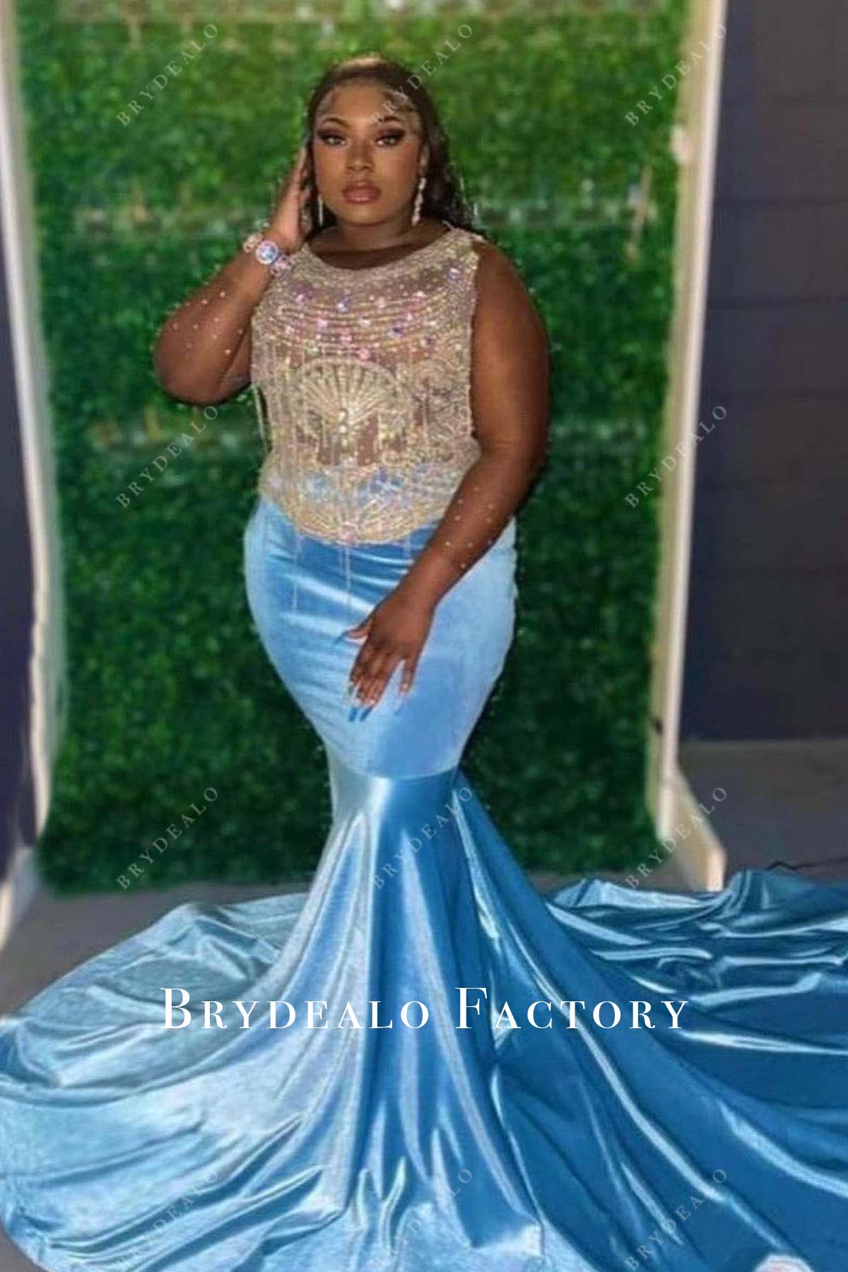Gold Rhinestones Sleeveless Blue Velvet Plus Size Prom Dress