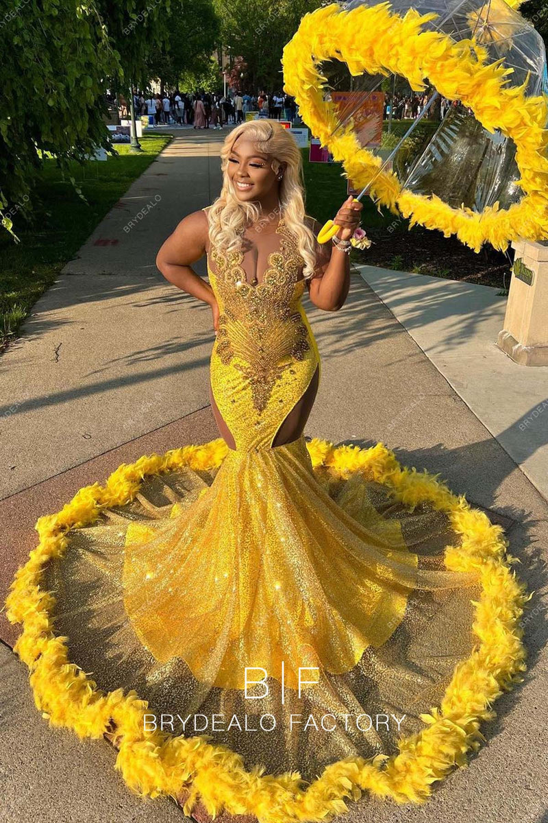 Gold Rhinestones Glitter Yellow Feather Long Train Trumpet Prom Dress