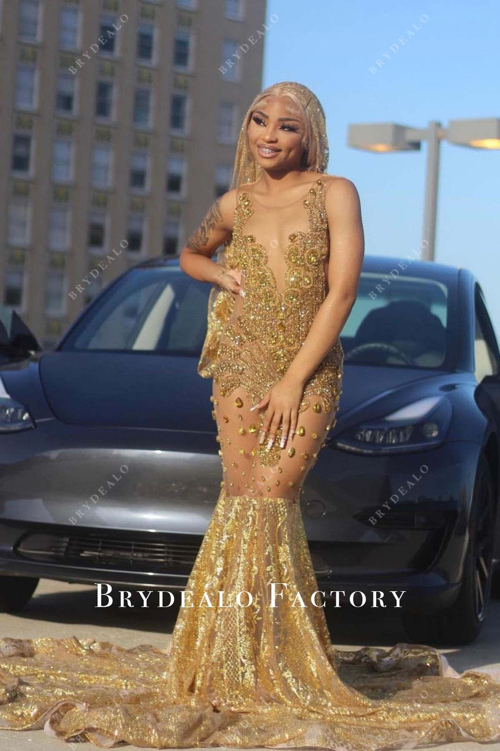 Prom Dress | Rhinestones Gold Sequined Trumpet Formal Gown