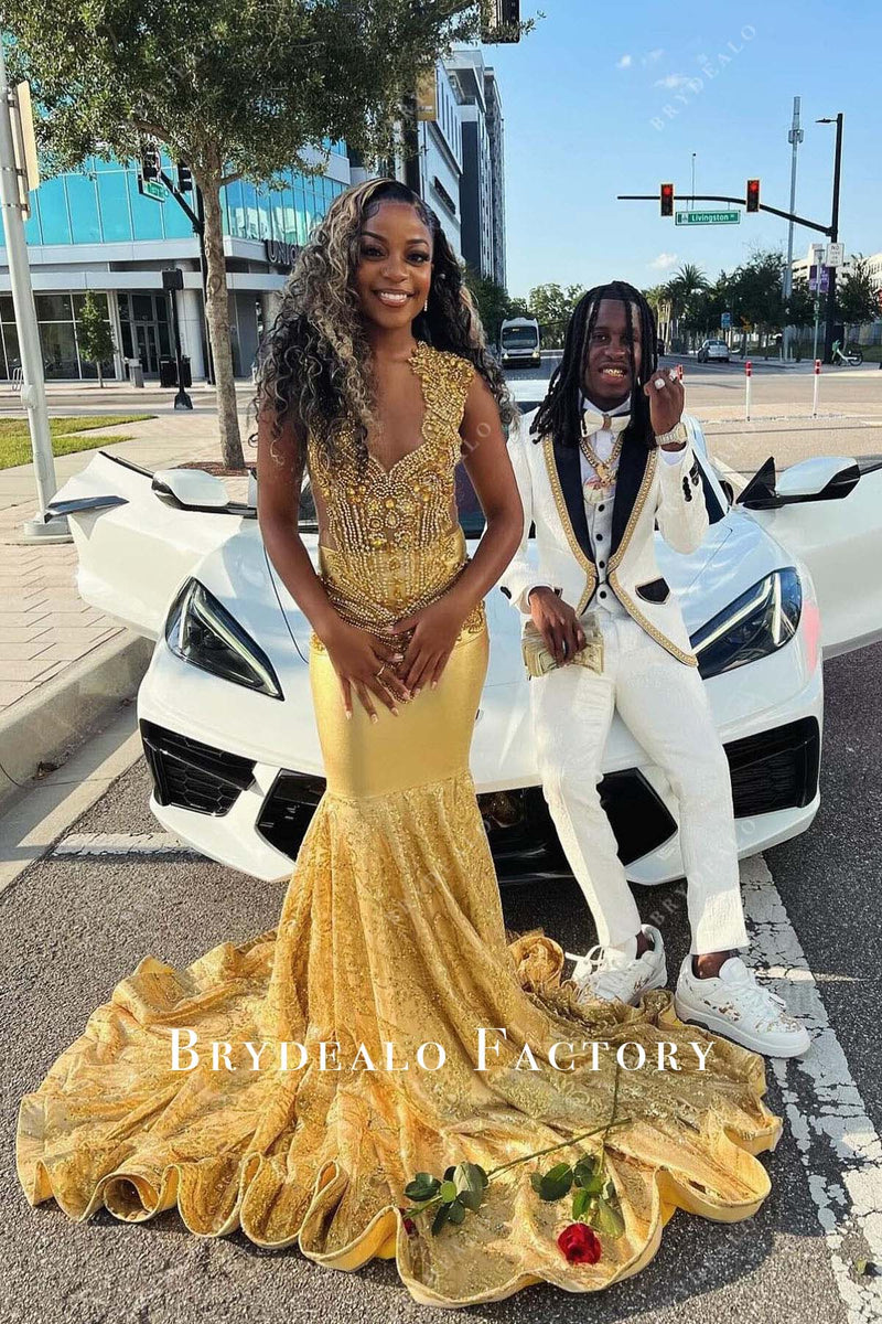 Prom Dress | Rhinestones Gold Sequined Trumpet Formal Gown