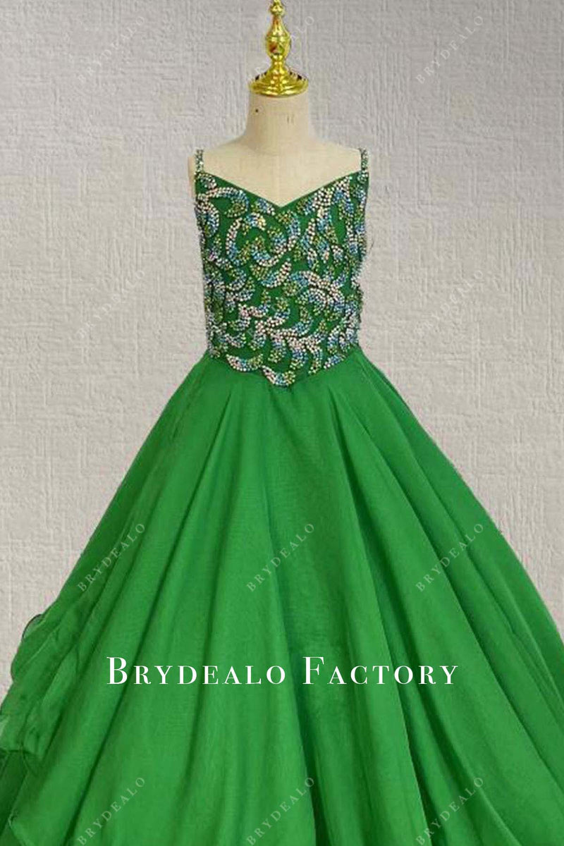 Pageant Dress | Rhinestones Green V-Neck Layered A-Line Kids Gown