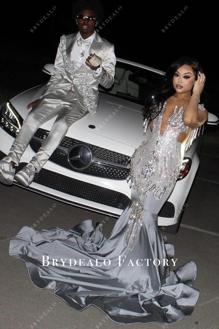 Prom Dress | Rhinestones Illusion Neck Grey Trumpet Formal Gown